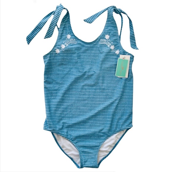 Copper Key | Swim | Kids Girls Embroidered Blue White Floral One Piece ...